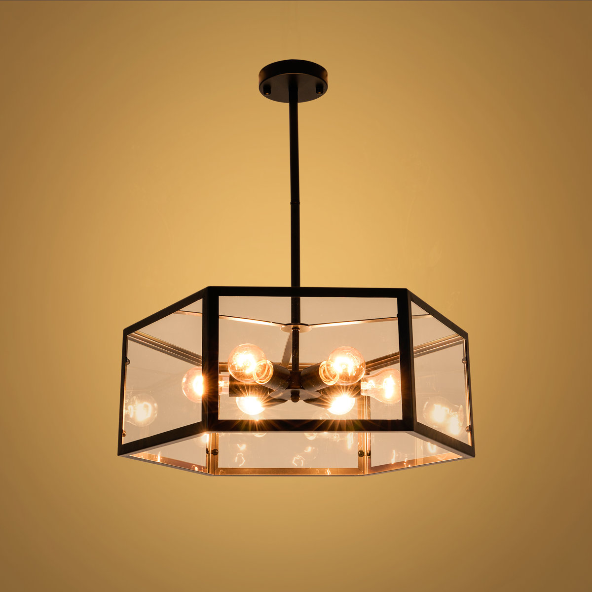 Ebern Designs Hexagonal Glass Box Pendant Light: 6-Light Industrial Ceiling Fixture With Crystal ...